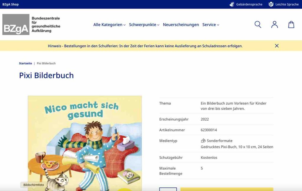 Kostenloses Pixi Bilderbuch im BZgA Shop - ichwilltesten.de